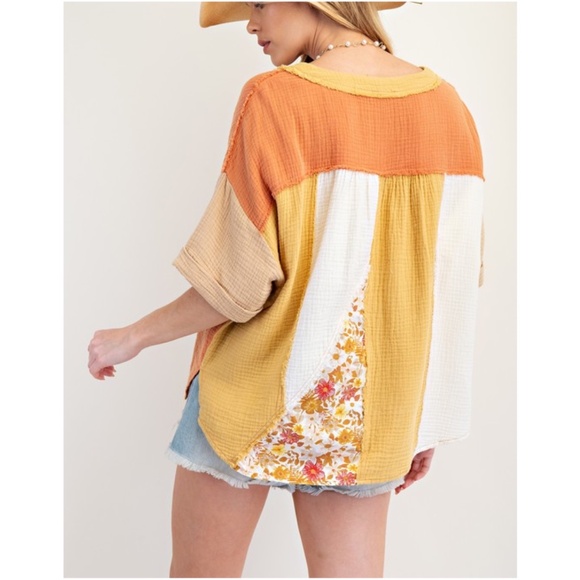 easel | Tops | Easel Floral Print Star Patch Reverse Stitch Color Block ...